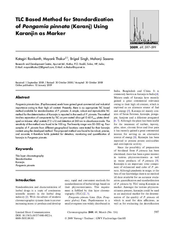 (PDF) TLC Based Method for Standardization of Pongamia pinnata (Karanj ...