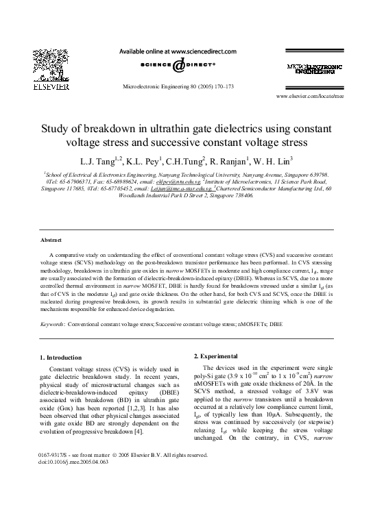 (PDF) Study of breakdown in ultrathin gate dielectrics using constant voltage stress and ...