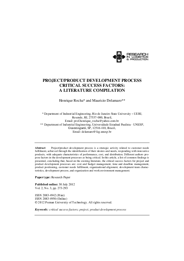 (PDF) PROJECT/PRODUCT DEVELOPMENT PROCESS CRITICAL SUCCESS FACTORS ...
