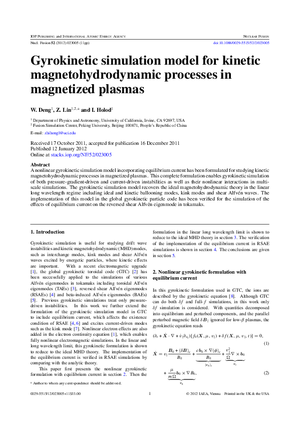 (PDF) Gyrokinetic simulation model for kinetic magnetohydrodynamic ...