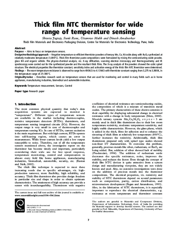(PDF) Thick film NTC thermistor for wide range of temperature sensing