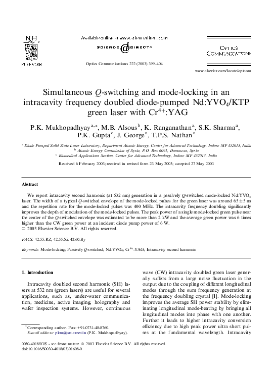 (PDF) Simultaneous Q-switching and mode-locking in an intracavity ...