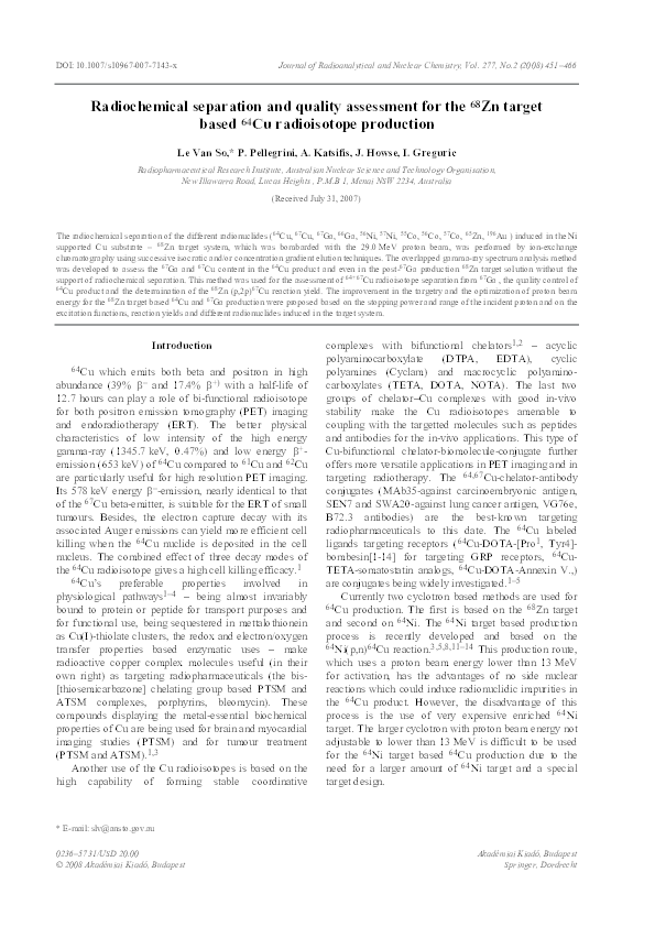 (PDF) Radiochemical separation and quality assessment for the 68Zn ...