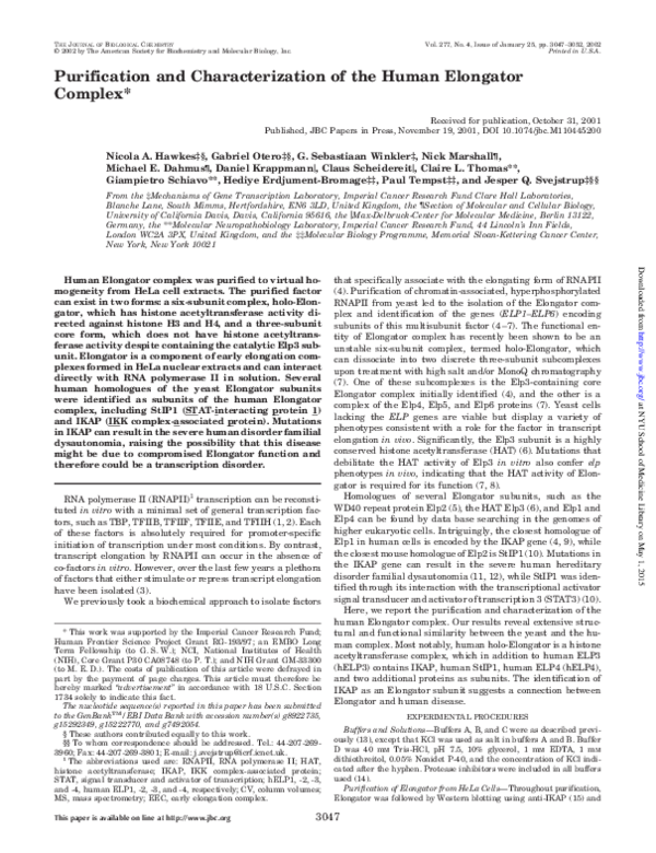 (PDF) Purification and Characterization of the Human Elongator Complex ...