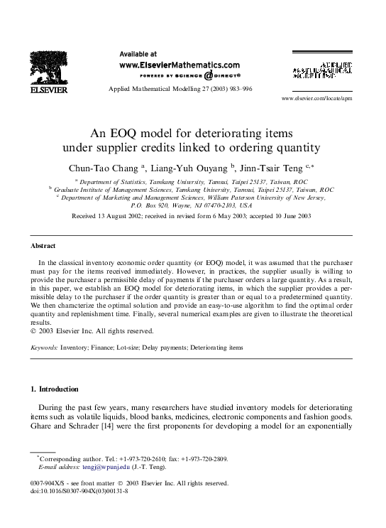 Pdf An Eoq Model For Deteriorating Items Under Supplier Credits