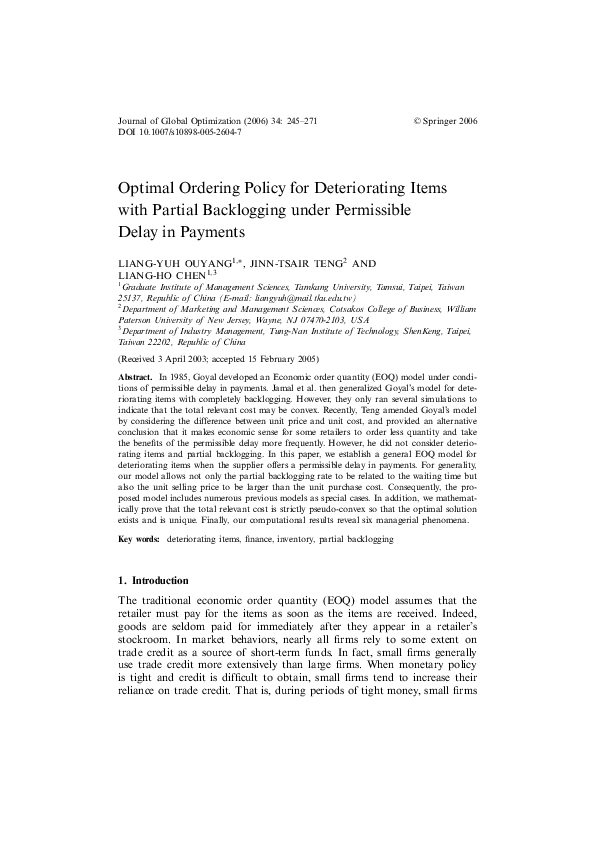 Pdf Optimal Ordering Policy For Deteriorating Items With Partial Backlogging Under Permissible