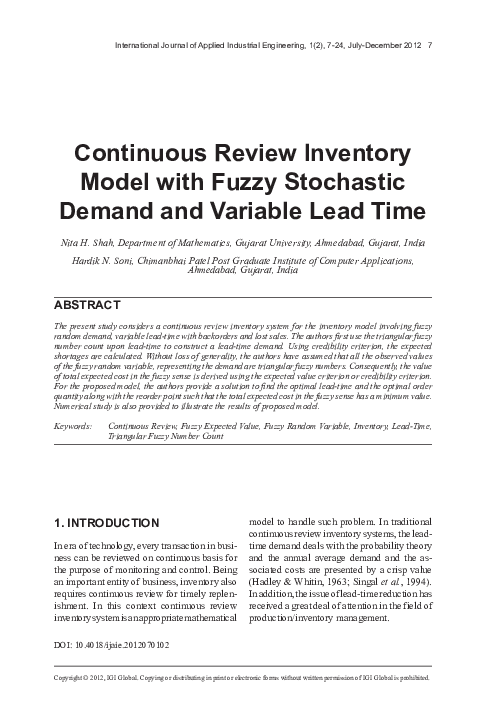 (PDF) Continuous Review Inventory Model with Fuzzy Stochastic Demand and Variable Lead Time
