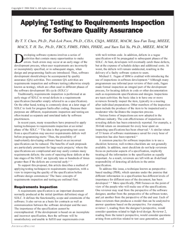 (PDF) Applying testing to requirements inspection for software quality ...