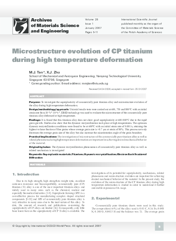 Pdf Microstructure Evolution Of Cp Titanium During High Temperature Deformation