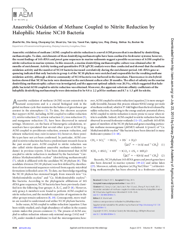 (PDF) Halophilic anaerobic oxidation of methane coupled to nitrite reduction by marine NC10 bacteria