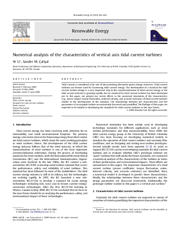 Pdf Numerical Analysis Of The Characteristics Of Vertical Axis Tidal