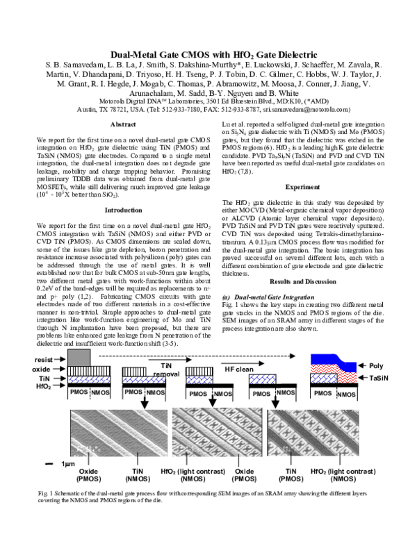 (PDF) Dual-metal gate CMOS with HfO/sub 2/ gate dielectric | J. Conner ...