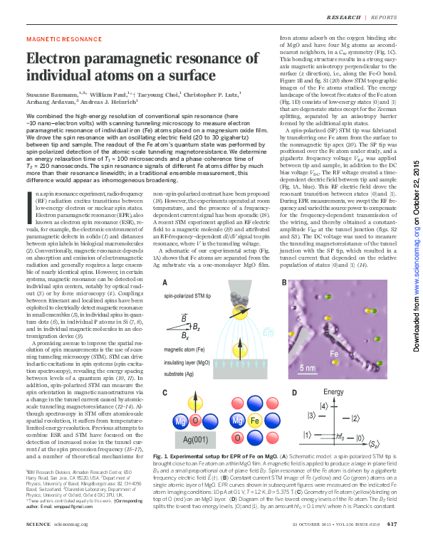 Pdf Electron Paramagnetic Resonance Of Individual Atoms On A Surface