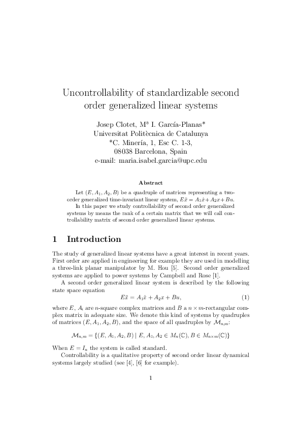 Uncontrollability Of Standardizable Second Order Generalized Linear Systems