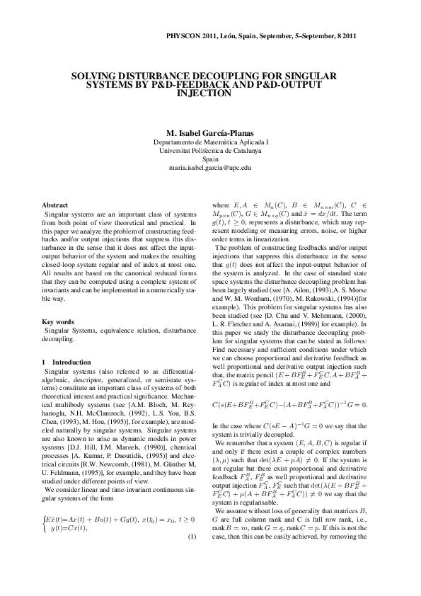 Pdf Solving Disturbance Decoupling For Singular Systems By Pandd Feedback And Pandd Output Injection