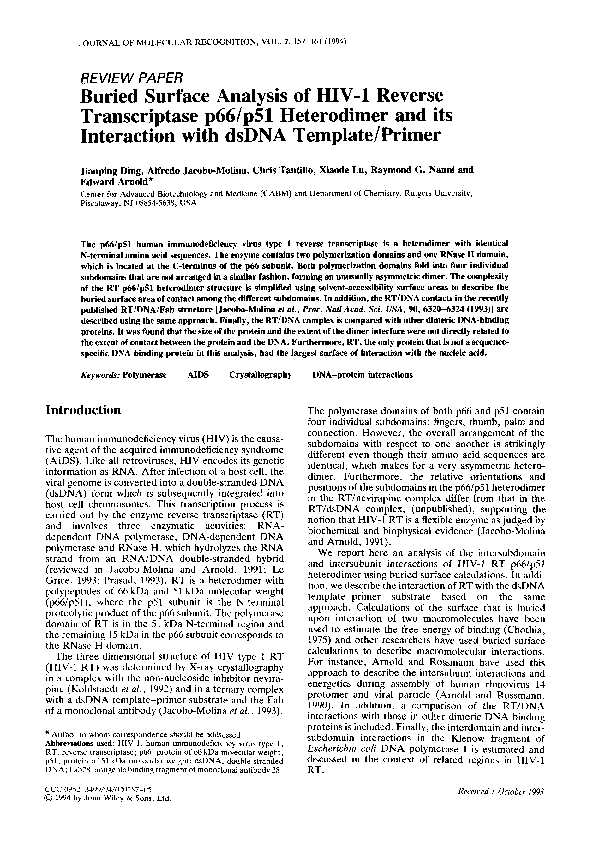 (PDF) Buried surface analysis of HIV-1 reverse transcriptase p66/p51 ...