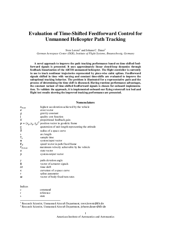 (PDF) Evaluation of Time-Shifted Feedforward Control for Unmanned Helicopter Path Tracking