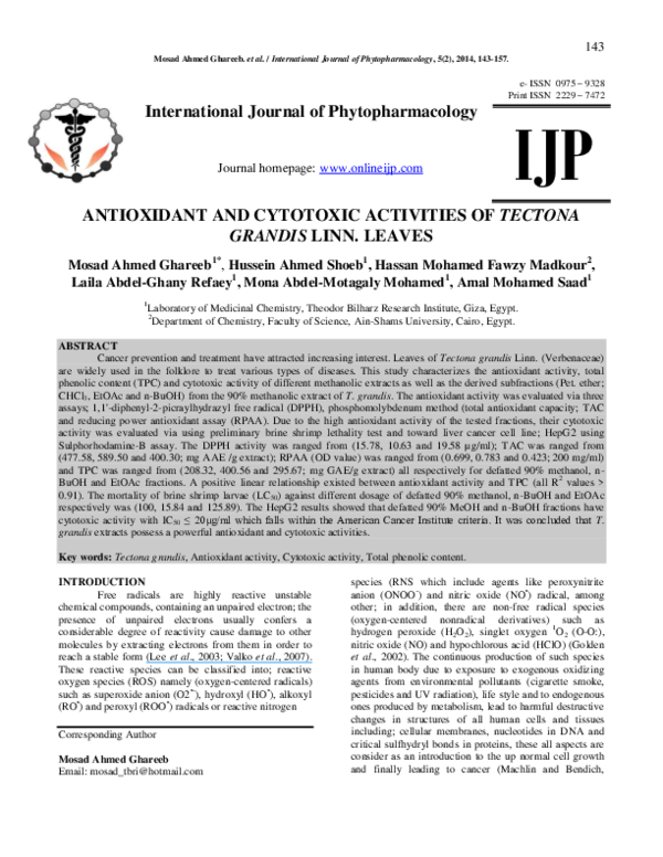 (PDF) ANTIOXIDANT AND CYTOTOXIC ACTIVITIES OF TECTONA GRANDIS LINN. LEAVES