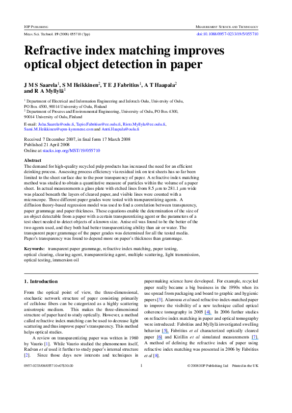 (PDF) Refractive index matching improves optical object detection in paper