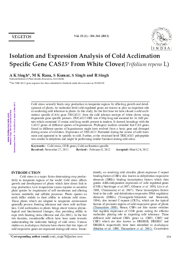 (PDF) Isolation and Expression Analysis of Cold Acclimation Specific ...
