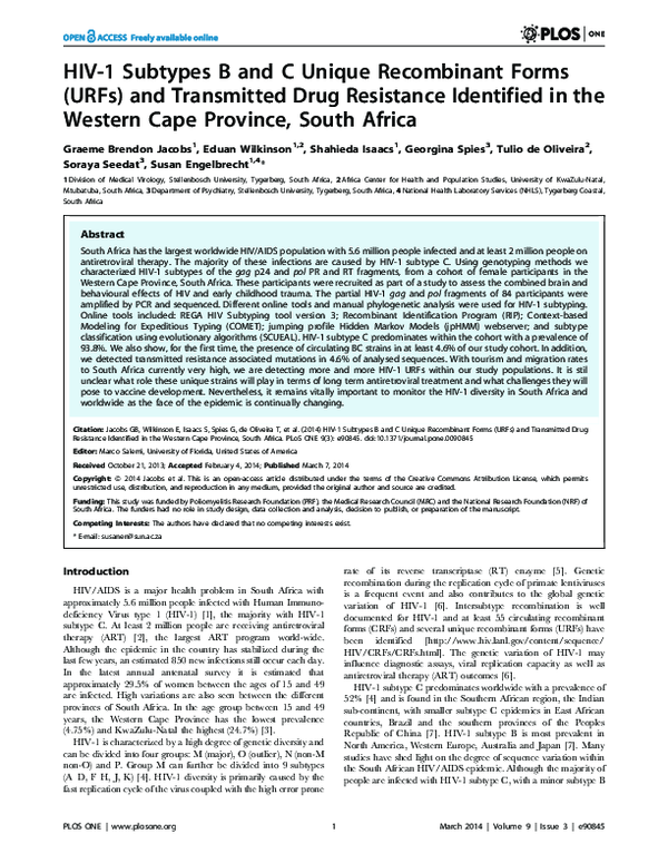 Pdf Hiv 1 Subtypes B And C Unique Recombinant Forms Urfs And