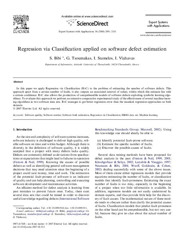 (PDF) Regression via Classification applied on software defect estimation