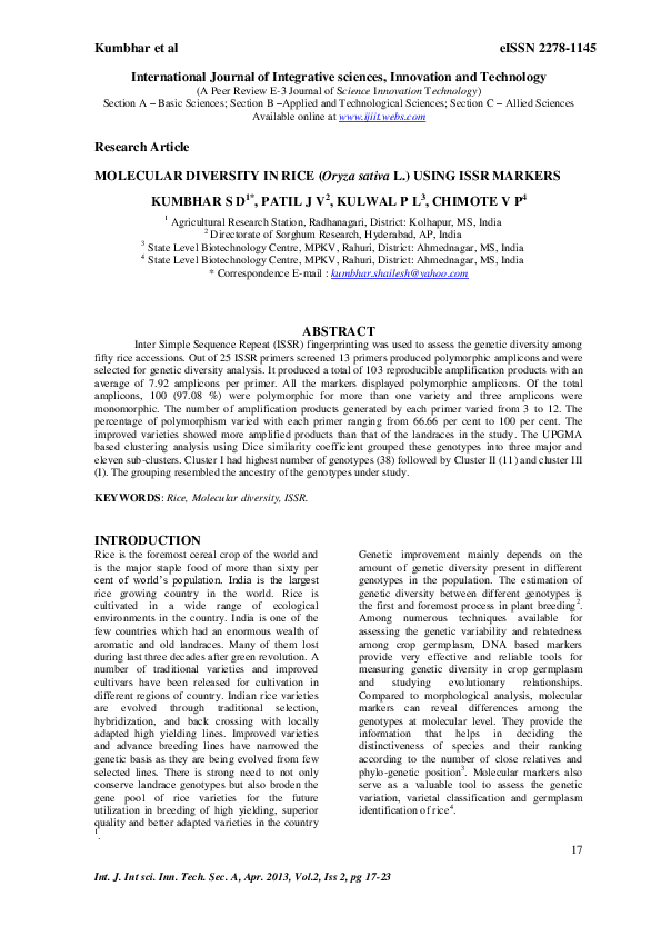 (PDF) MOLECULAR DIVERSITY IN RICE (Oryza sativa L.) USING ISSR MARKERS