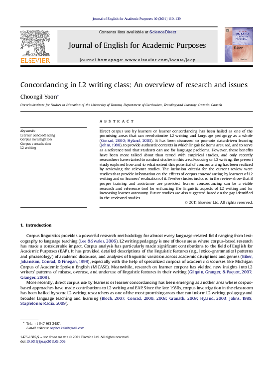 (PDF) Concordancing in L2 writing class: An overview of research and issues