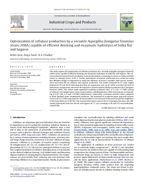 (PDF) Optimization of cellulase production by a versatile Aspergillus ...