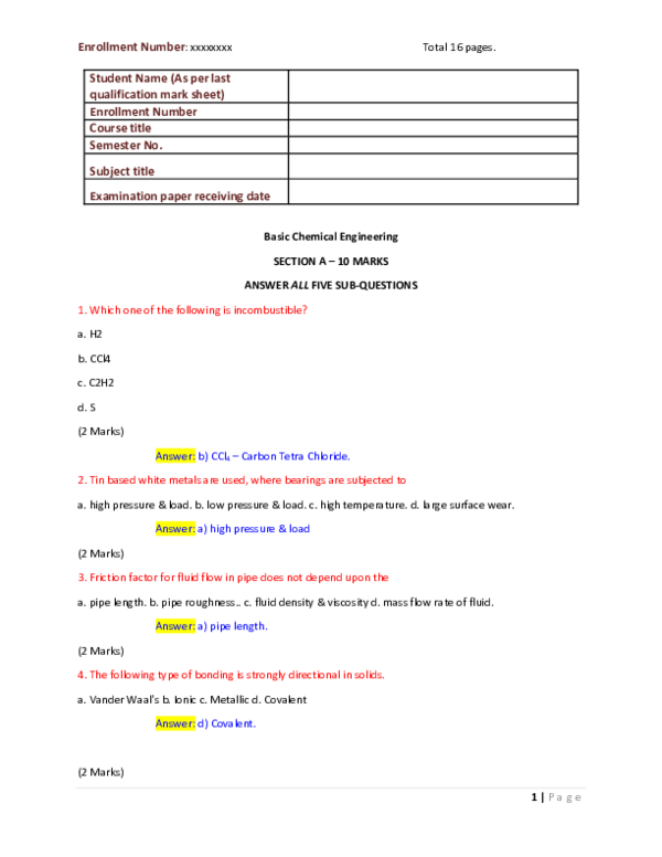 (PDF) Model answer sheet for Basic Chemical Engineering