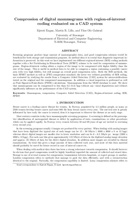 Pdf Compression Of Digital Mammograms With Region Of Interest Coding Evaluated On A Cad System
