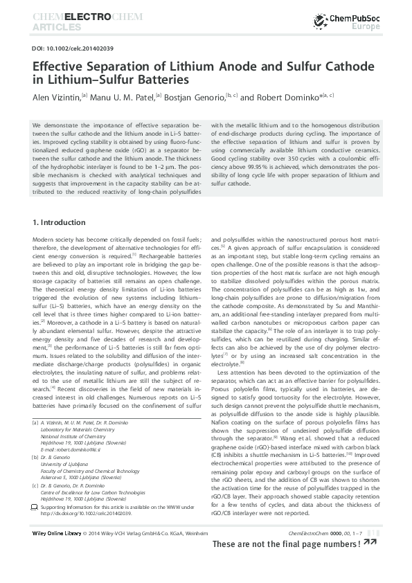 (PDF) Effective Separation of Lithium Anode and Sulfur Cathode in Lithium-Sulfur Batteries