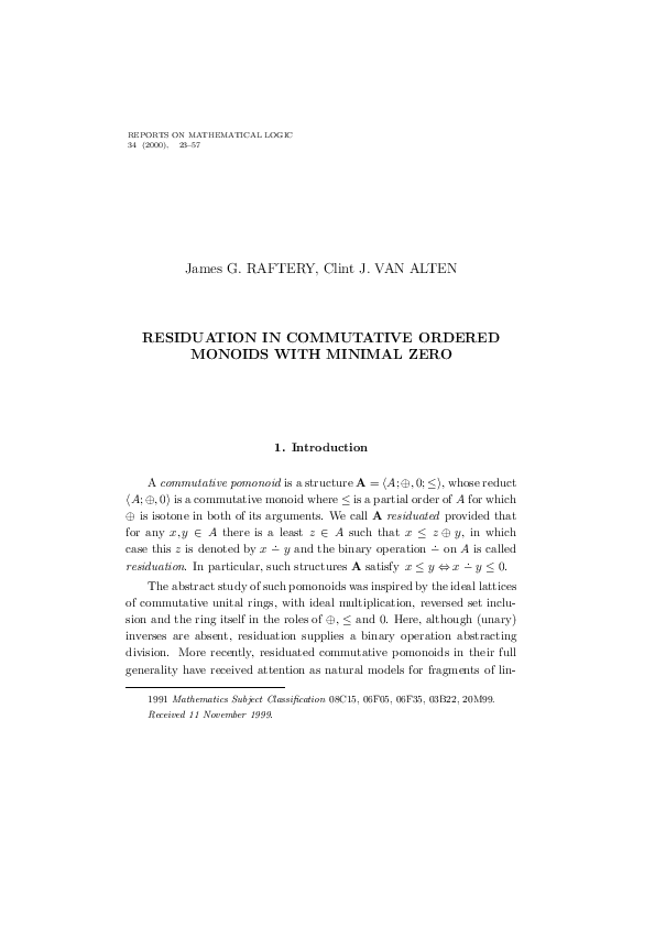 Pdf Residuation In Commutative Ordered Monoids With Minimal Zero