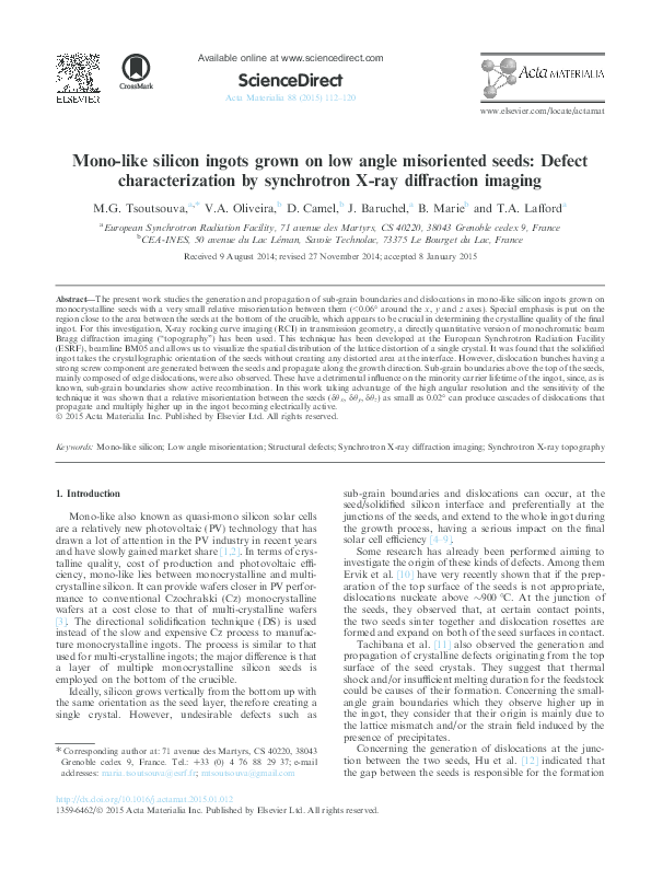 (PDF) Mono-like silicon ingots grown on low angle misoriented seeds ...