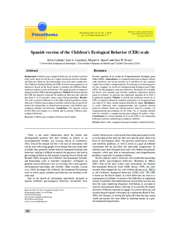 (PDF) Spanish version of the Children's Ecological Behavior (CEB) scale