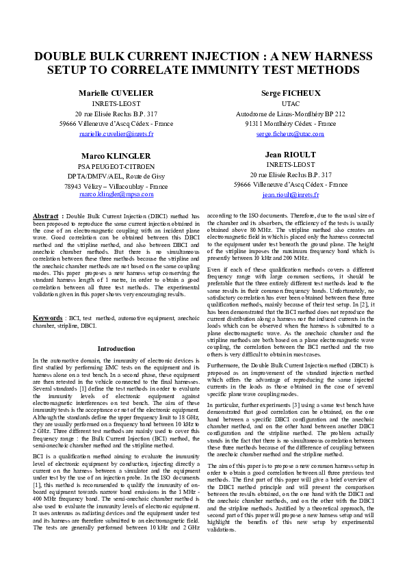 (PDF) Double bulk current injection: a new harness setup to correlate ...