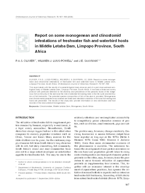 (PDF) Report on some monogenean and clinostomid infestations of ...