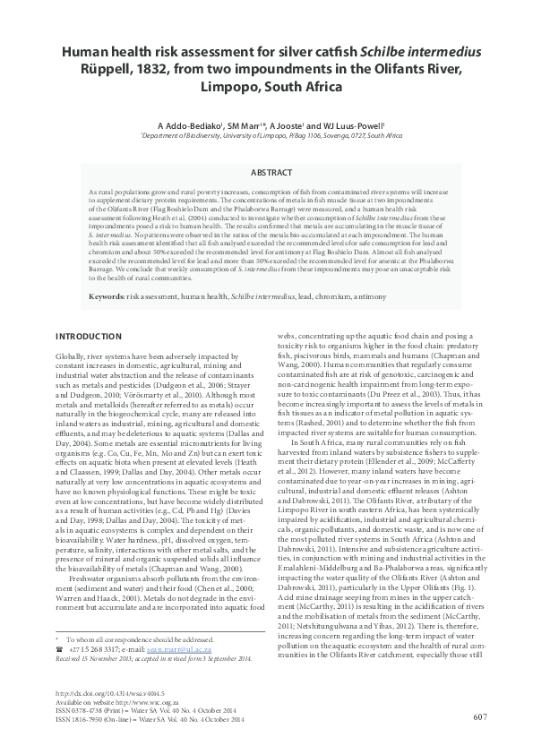 (PDF) Human health risk assessment for silver catfish Schilbe ...