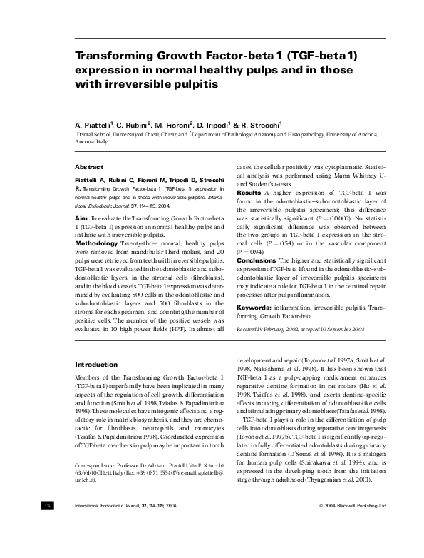 (PDF) Transforming Growth Factor-beta 1 (TGF-beta 1) expression in normal healthy pulps and in ...