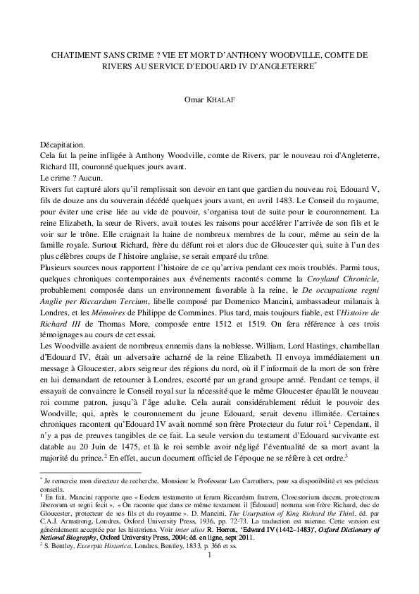 (PDF) Châtiment sans crime? Vie et mort d'Anthony Woodville, comte de ...