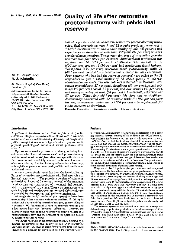 (PDF) Quality of life after restorative proctocolectomy with pelvic ...