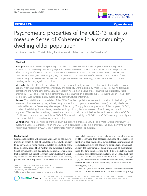 (PDF) Psychometric properties of the OLQ-13 scale to measure Sense of ...