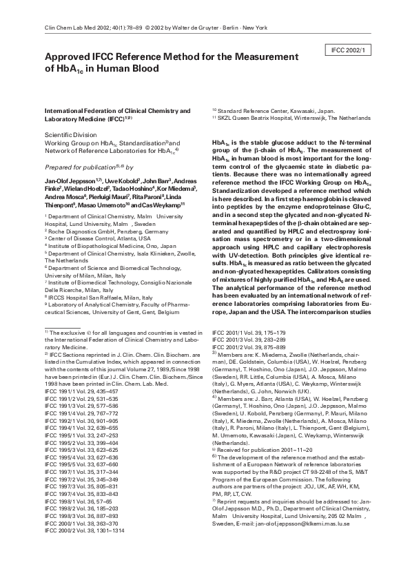 (PDF) Approved IFCC Reference Method for the Measurement of HbA1c in ...