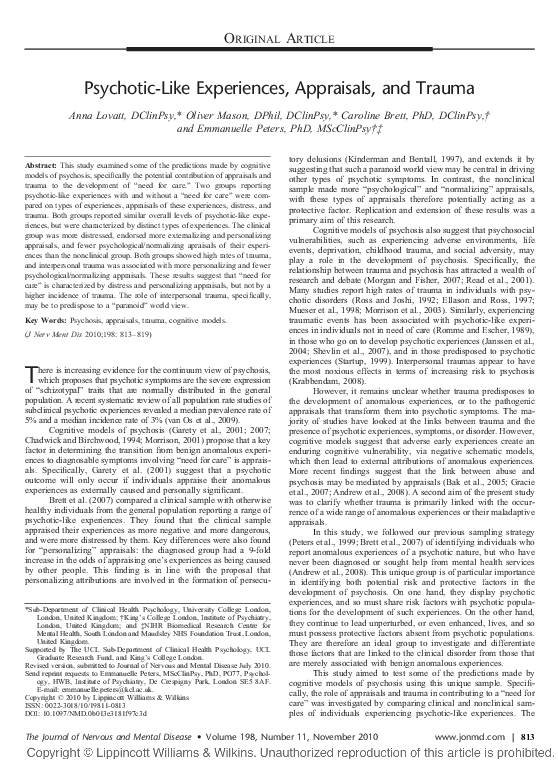 (PDF) Psychotic-Like Experiences, Appraisals, and Trauma