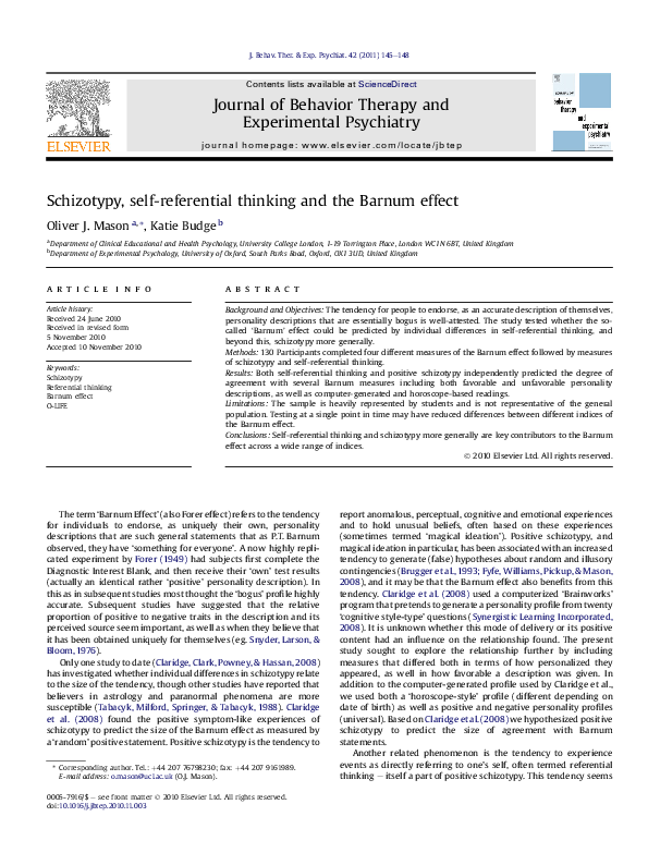 (PDF) Schizotypy, self-referential thinking and the Barnum effect