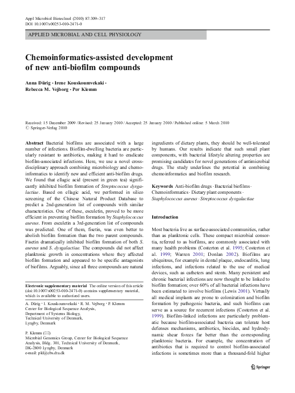 (PDF) Chemoinformatics-assisted development of new anti-biofilm compounds