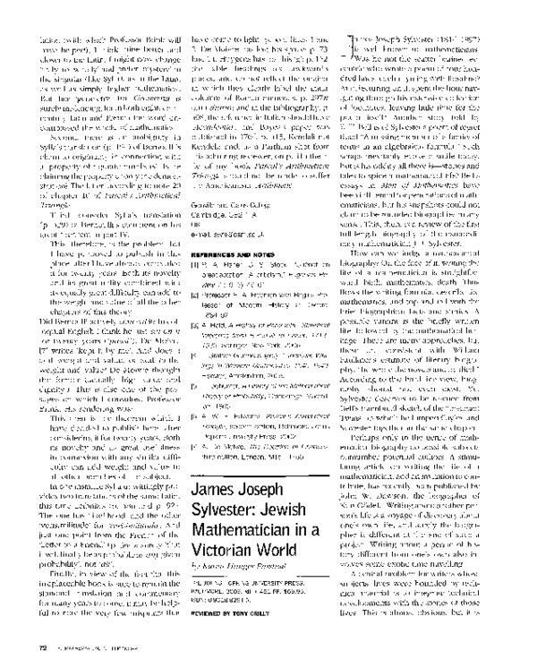 (PDF) James Joseph Sylvester: jewish mathematician in a victorian world