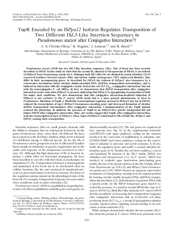 (PDF) TnpR Encoded by an ISPpu12 Isoform Regulates Transposition of Two ...