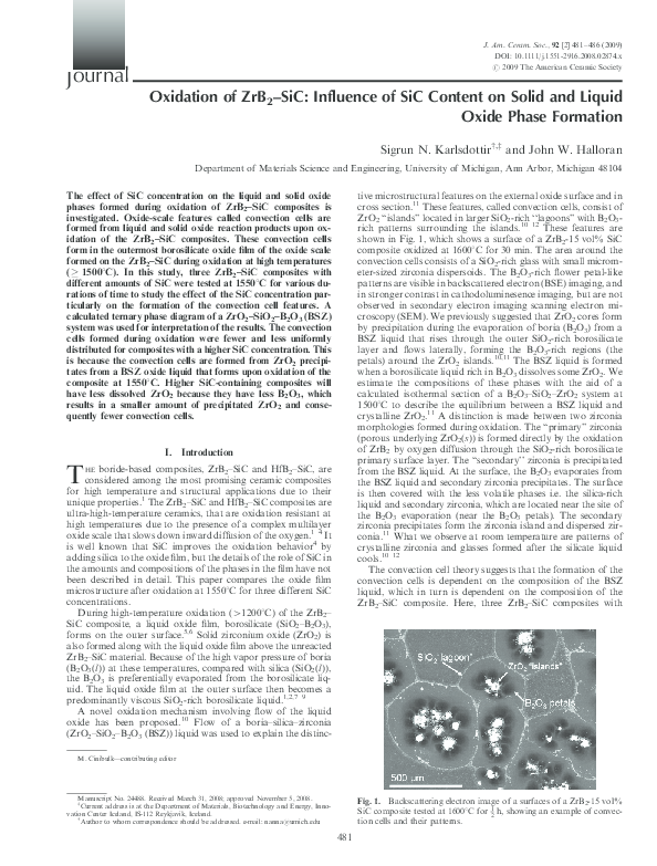 (PDF) Oxidation of ZrB 2 -SiC: Influence of SiC Content on Solid and ...