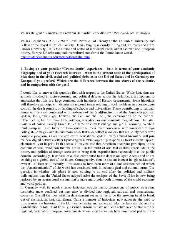 (PDF) Interview with Prof. Volker Berghahn, Columbia University